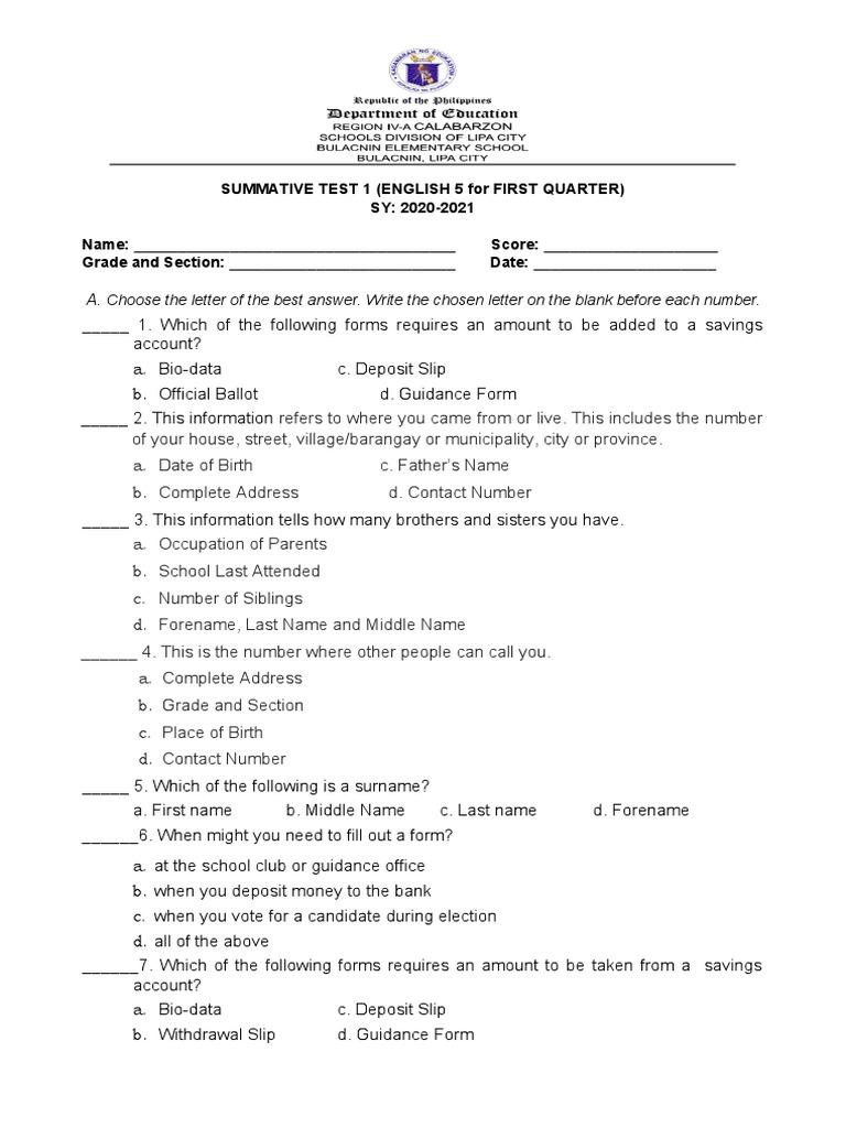 SUMMATIVE TEST ENGLISH 5 1ST QUARTER | PDF