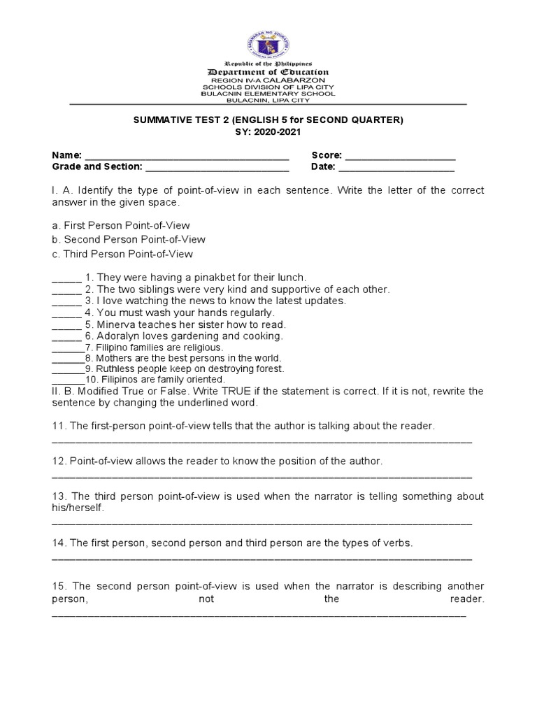 English 5 Second Quarter Test | PDF | Narration | Books