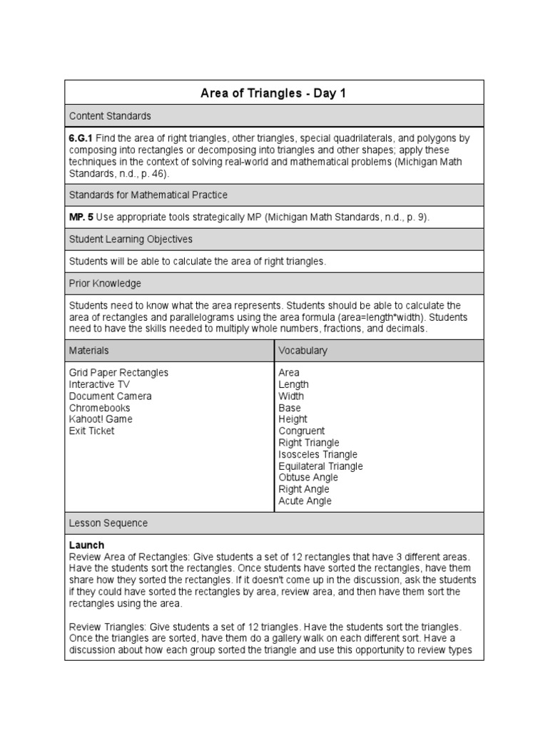 Area of Triangles Lesson | PDF | Area | Triangle