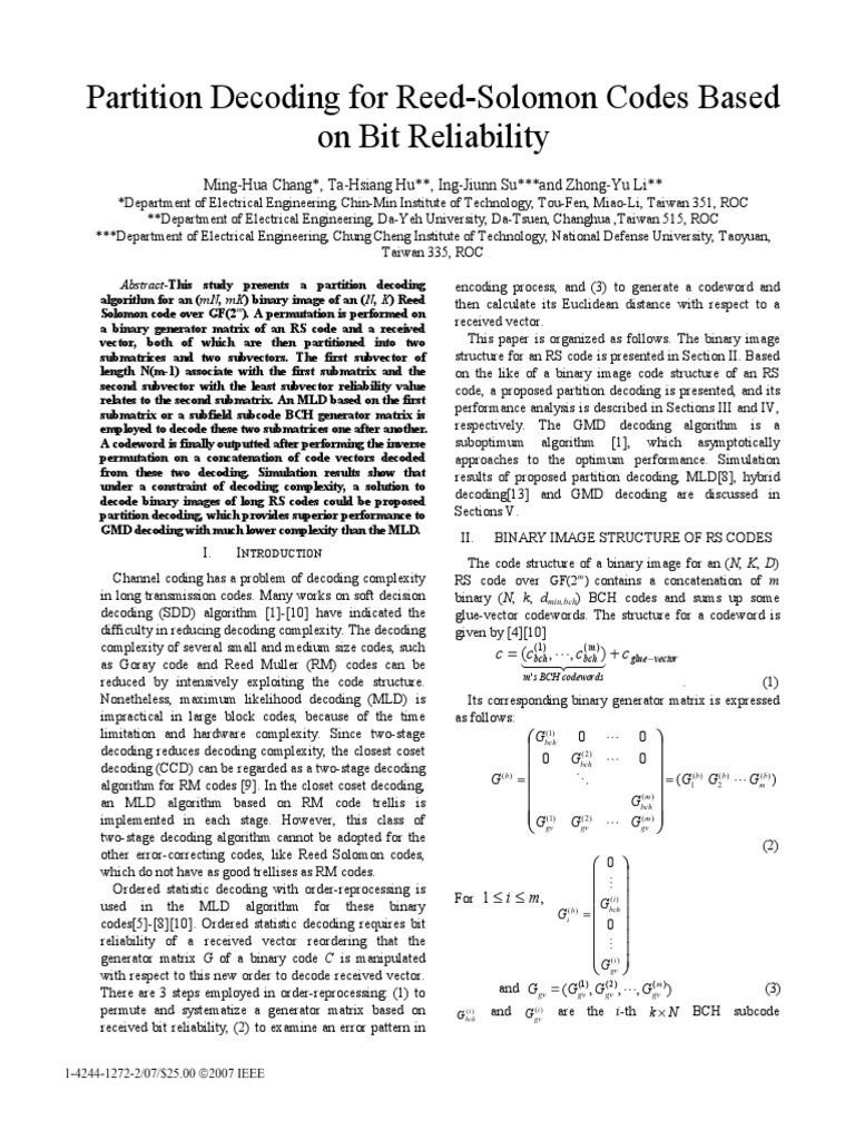 Partition Decoding For Reed Solomon Codes Based On Bit Reliability Pdf Matrix Mathematics