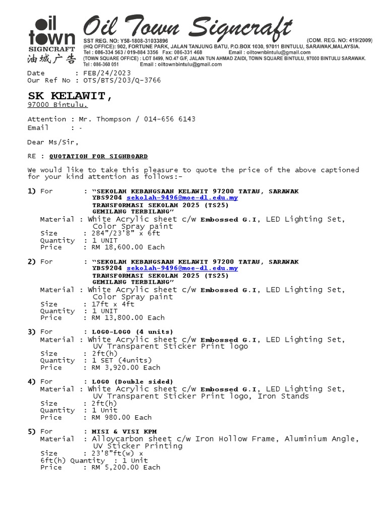 Quotation for SK Kelawit Signboard | PDF | Secondary Sector Of The Economy