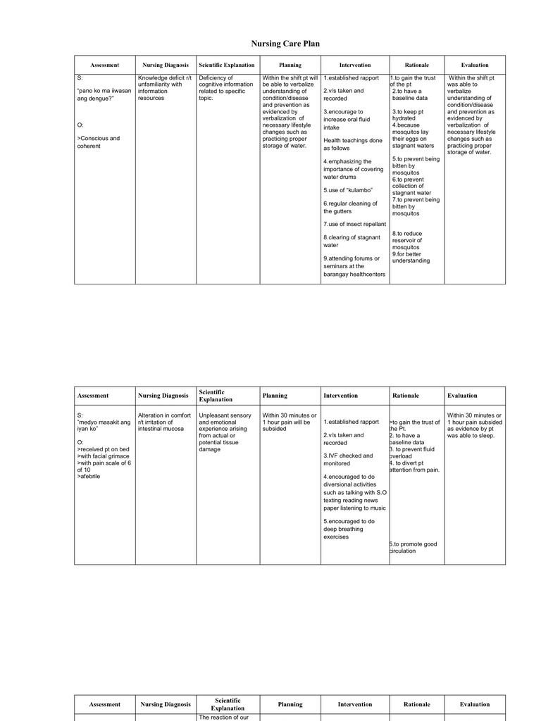 Nursing Care Plan | PDF | Mosquito | Pain