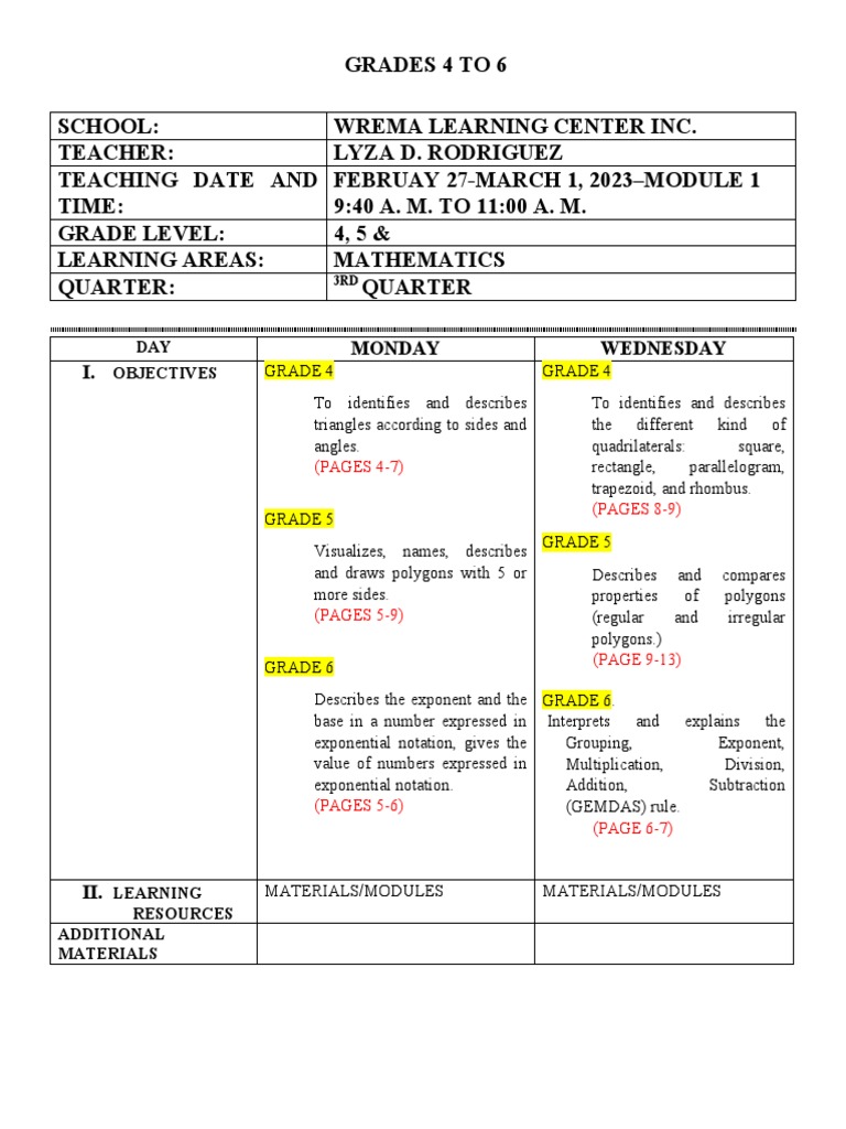 Lesson-Plan-In-English Module 4 Week 1 | PDF | Elementary Mathematics | Geometric Shapes