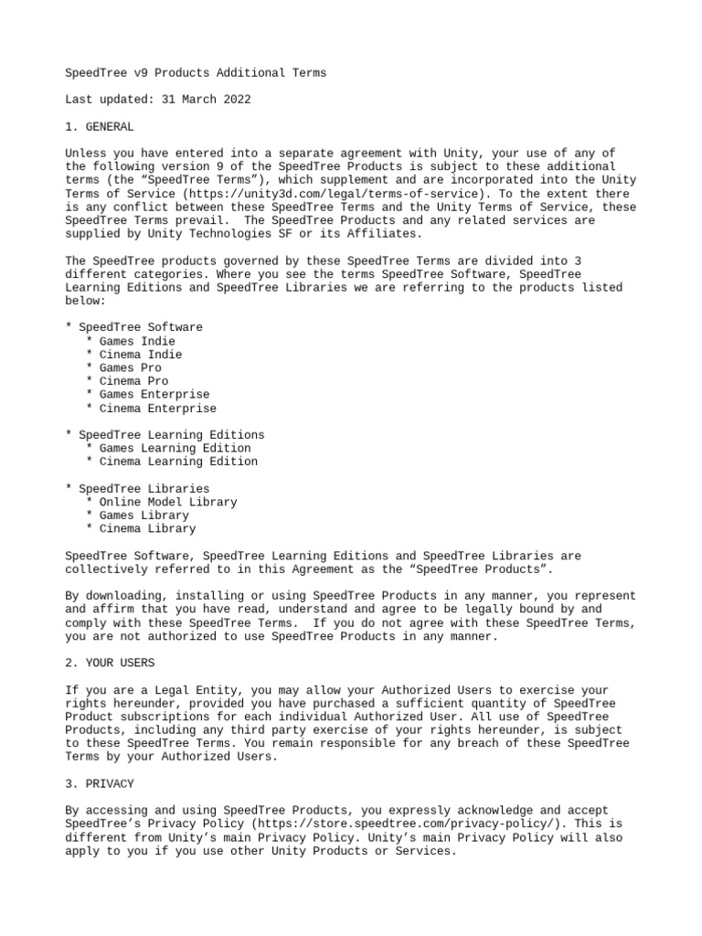 Unity + SpeedTree Terms of Service | PDF | License | Proprietary Software