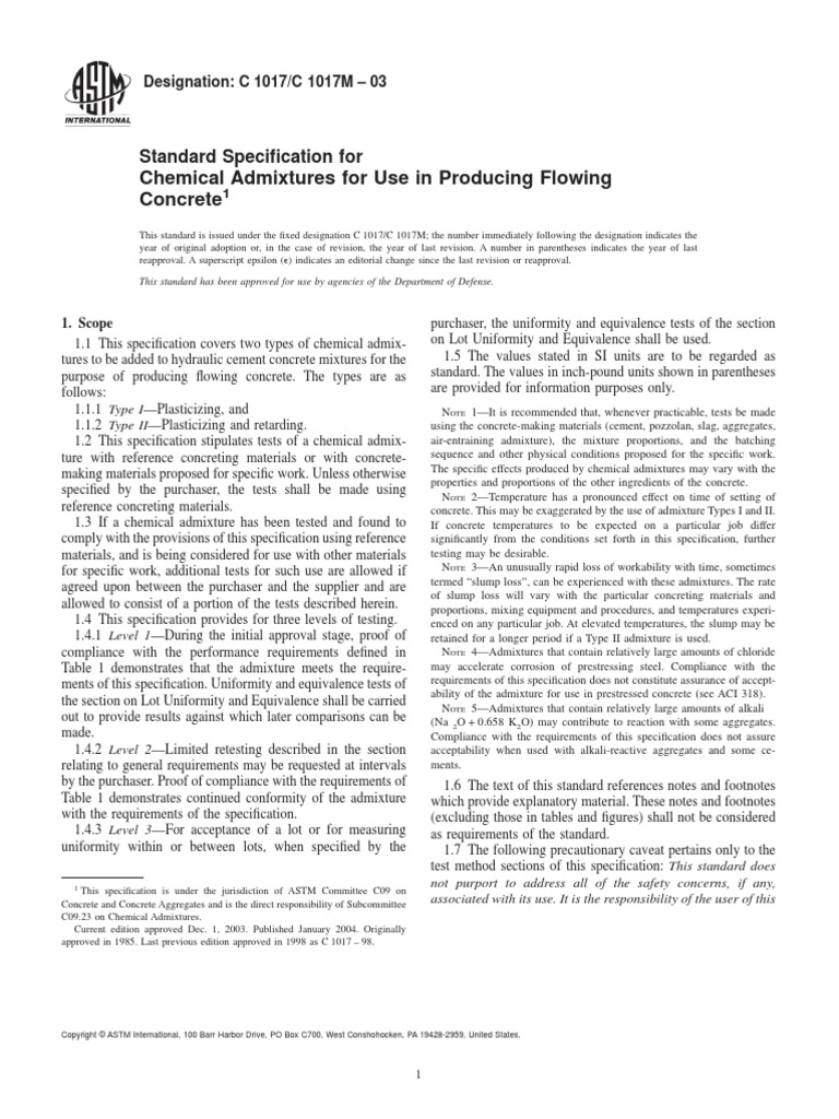 ASTM C1017 - Chemical Admixtures For Use in Producing Flowing Concrete | PDF | Concrete | Cement
