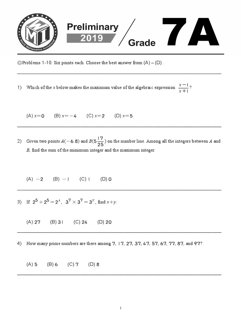 2019 WMI Grade 7 Questions Part 1-英 - 230313 - 130901 | PDF