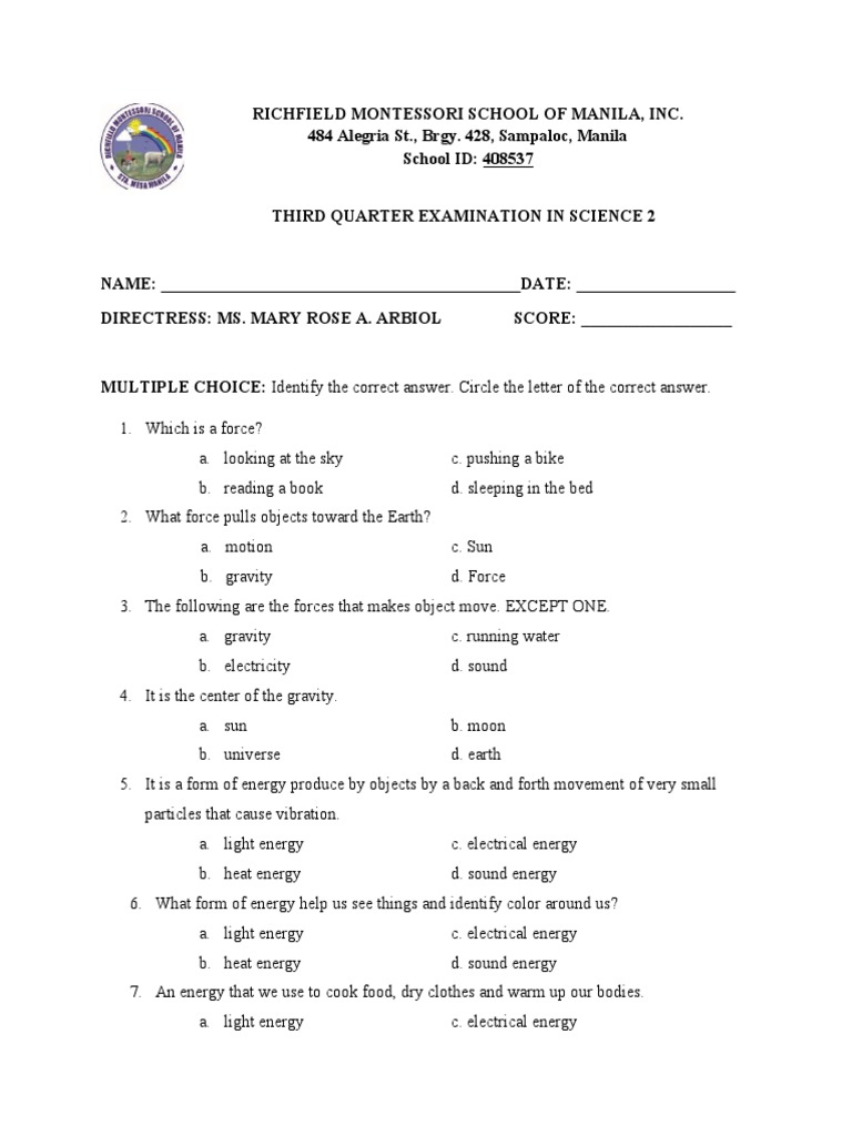 Science Quiz Grade 2 | PDF | Newton's Laws Of Motion | Force