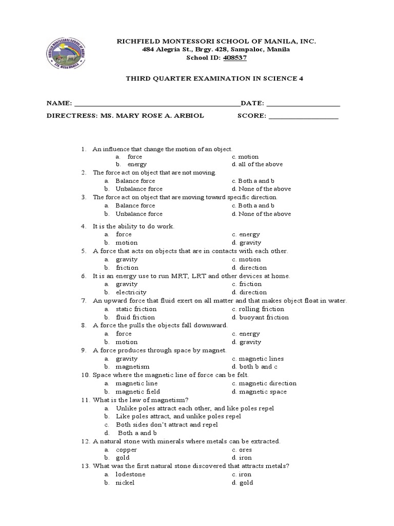 Science Quiz Grade 4 | PDF | Force | Electromagnetic Radiation