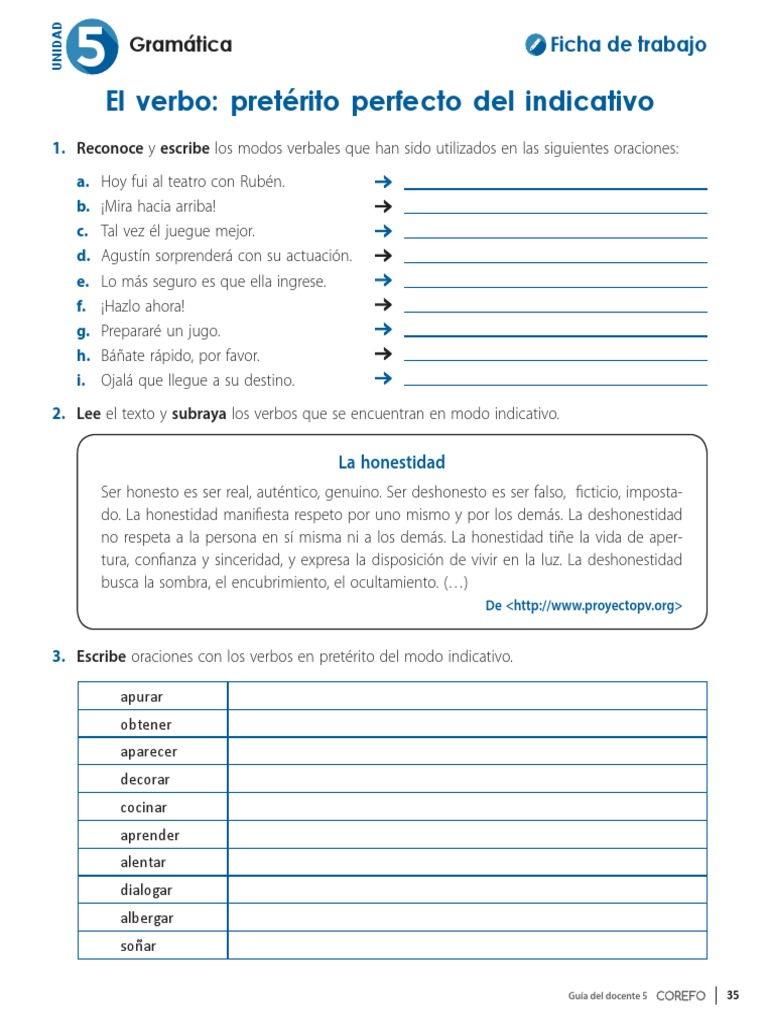 2018 Com5p U5 Ficha Gramatica El Verbo Preterito Perfecto Del ...
