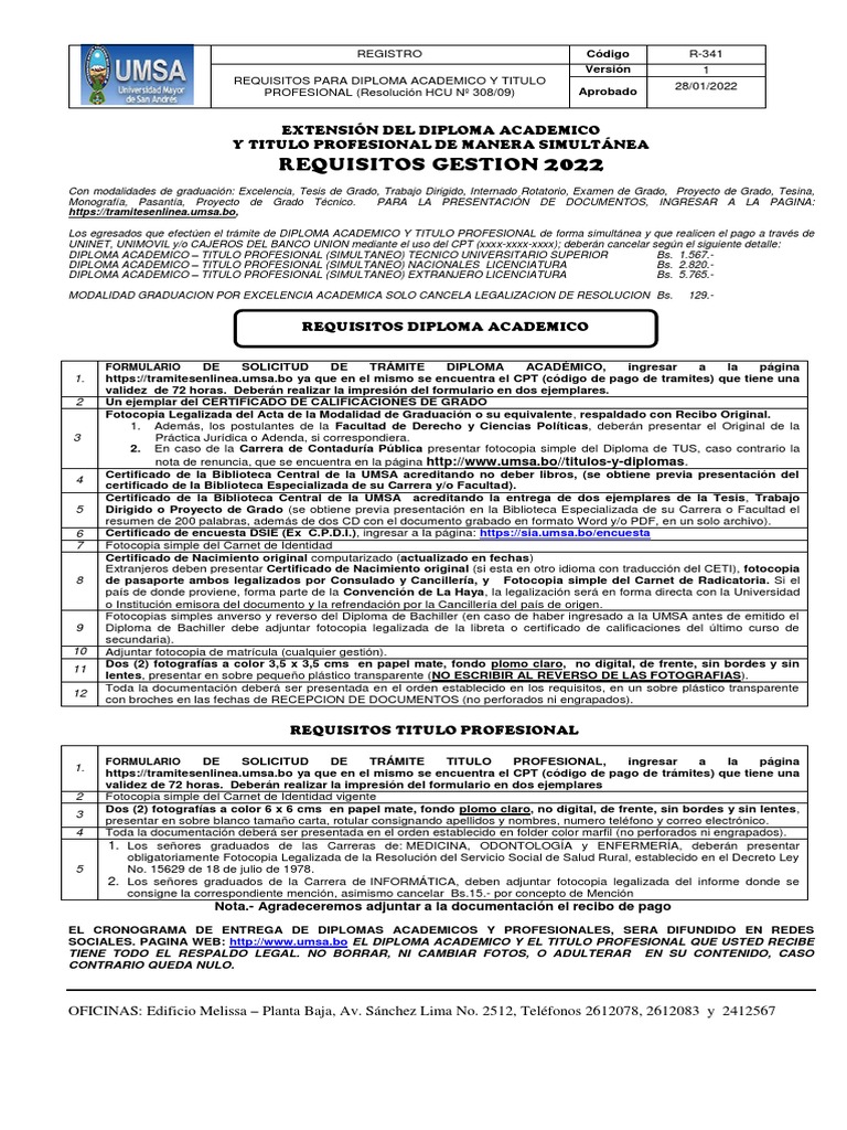 Requisitos Diploma y Título UMSA 2022 | PDF