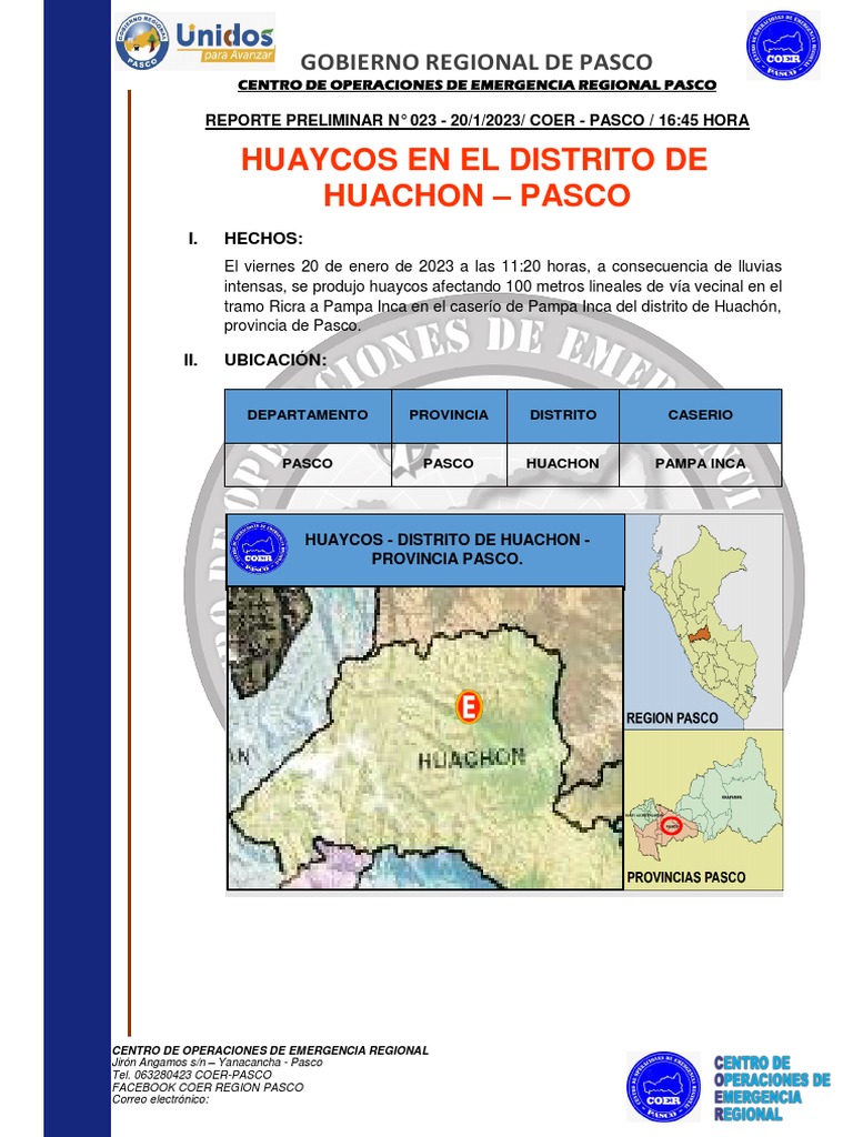 023 Reporte Preliminar #023 - Huachon - Huaycos | PDF | Desastres ...