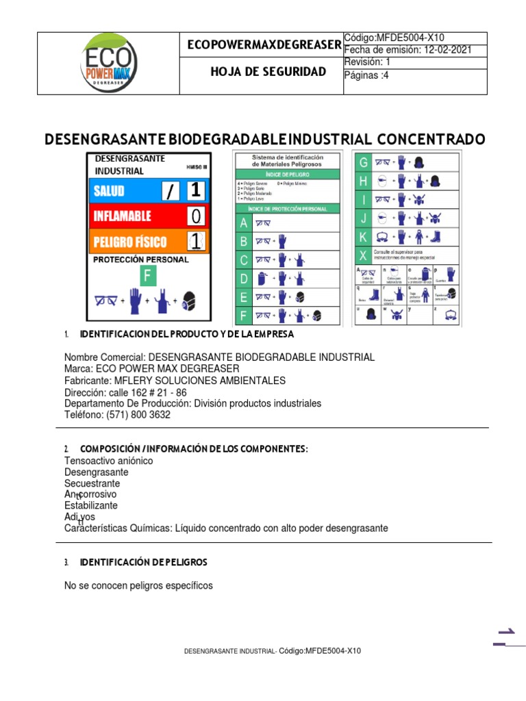Hoja de Seguridad Desengrasante | PDF | Agua | Materiales