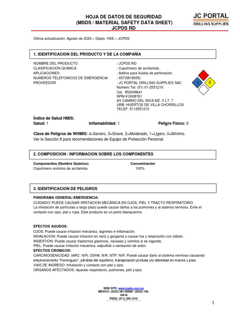 Hoja de Datos de Seguridad (Msds / Material Safety Data Sheet) Jcpds RD | PDF | Agua | Contaminación