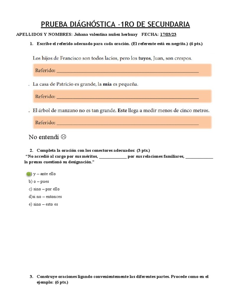Prueba Diagnóstica 1ro Secundaria | PDF