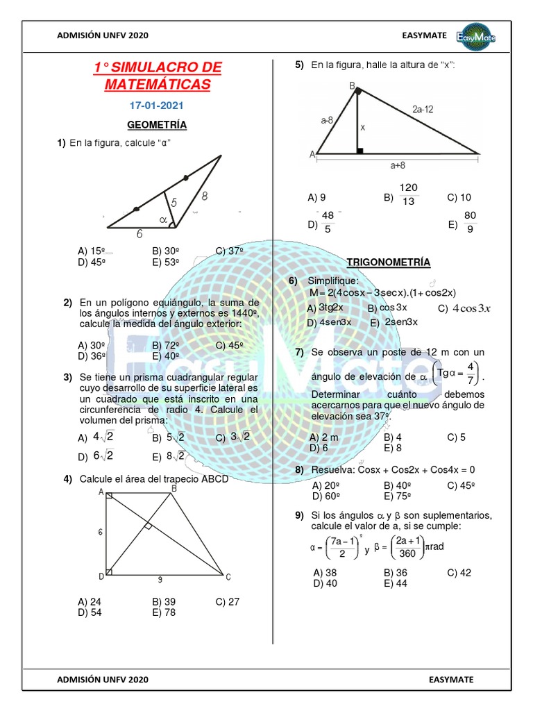 1° Simulacro Matematica Unfv | PDF | Geometría del plano euclidiano | Matemáticas