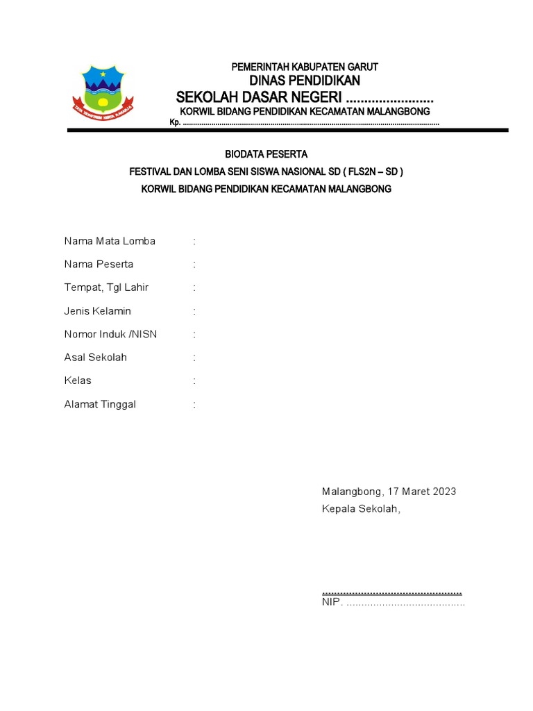 Contoh Biodata Peserta FLS2N Dan Osn SD | PDF