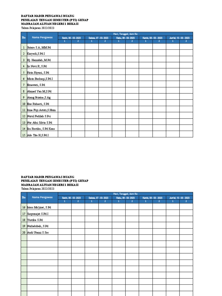 DAFTAR HADIR HARIAN PENGAWAS DAN PANITIA DAN PIKET | PDF