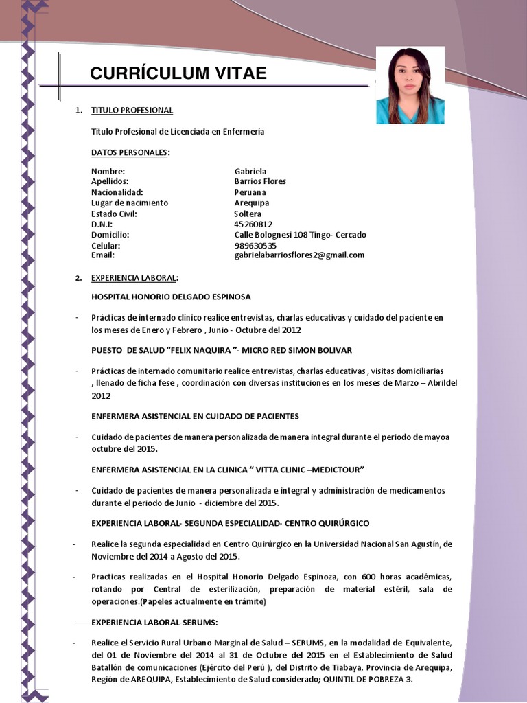 CV de Gabriela Barrios, Lic. en Enfermería | PDF | Enfermería | Hospital