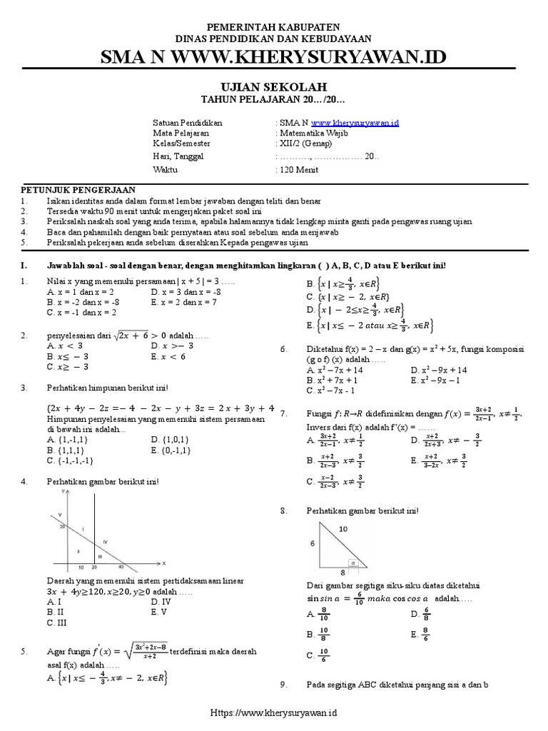 Soal US MTK Wajib Kelas XII - WWW - Kherysuryawan.id | PDF