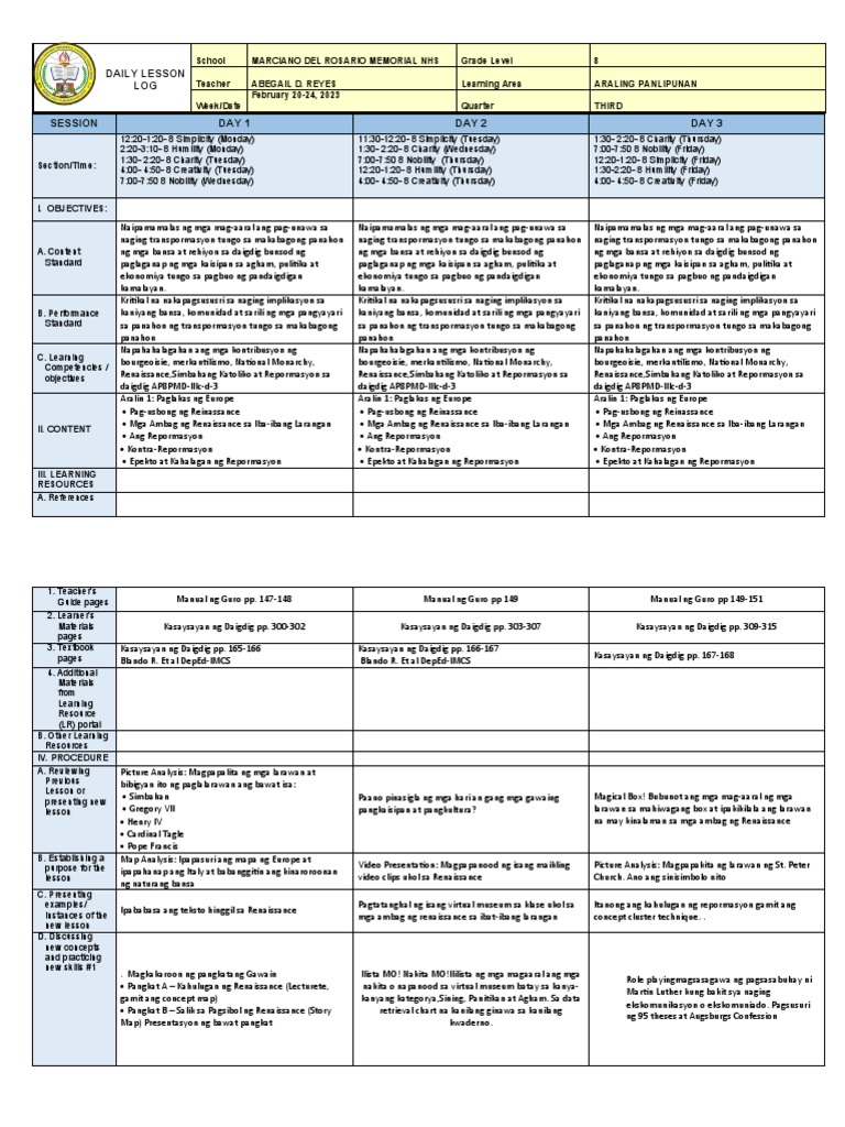 Daily Lesson LOG Session Day 1 Day 2 Day 3 | PDF