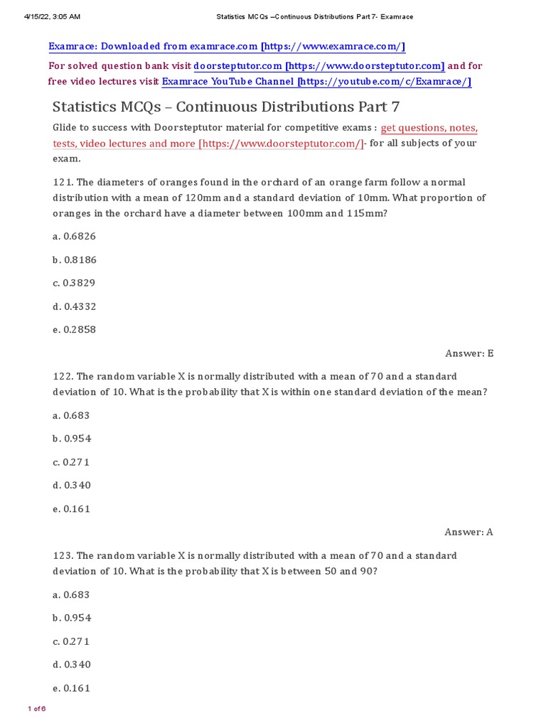 Statistics Mcqs - Continuous Distributions Part 7: For Solved Question ...