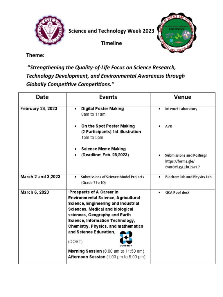 Science and Technology Week 2023 Timeline of Activities | PDF ...