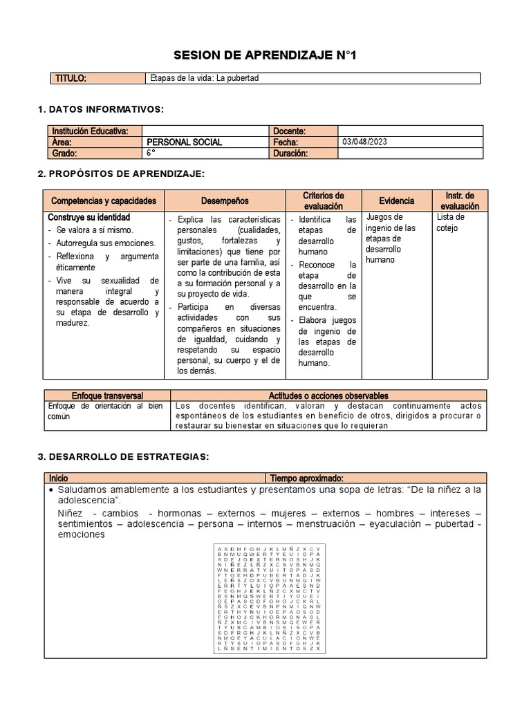 Sesion de Aprendizaje N°1: 1. Datos Informativos | PDF | Evaluación | Adultos