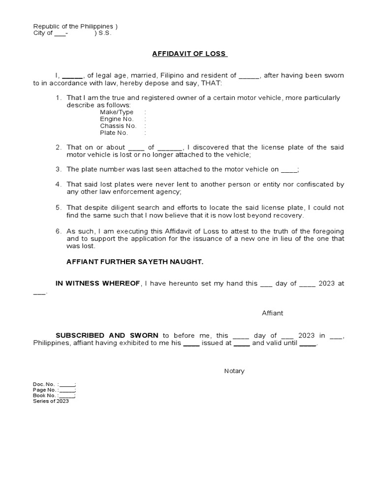 Affidavit of Loss LTO Plate | PDF