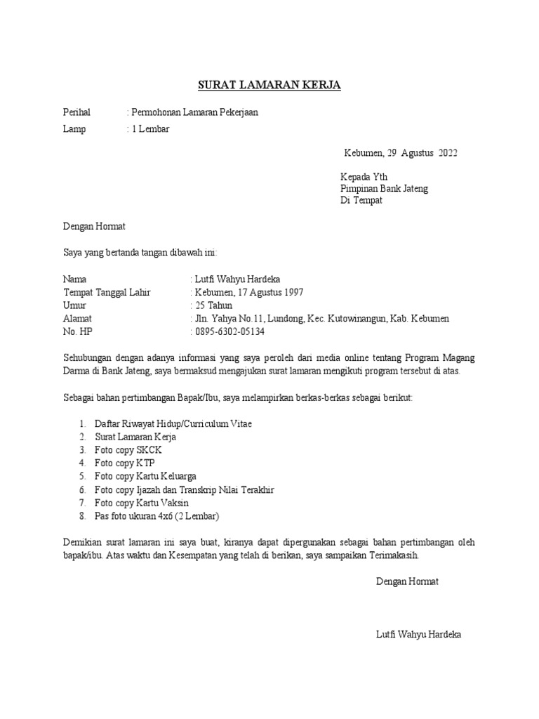 Surat Lamaran PT Mayora Jakarta | PDF