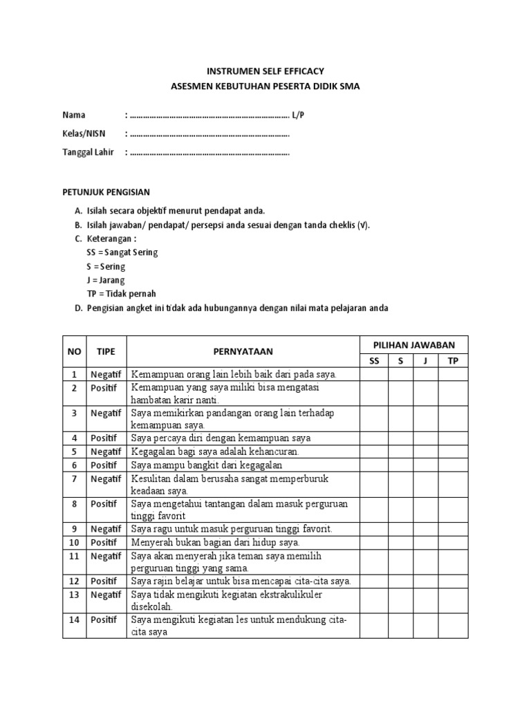 Instrumen Self Efficacy Siswa SMA | PDF
