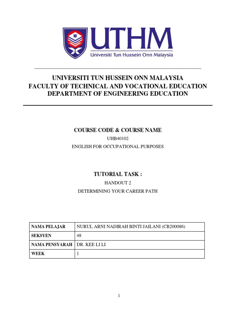 Universiti Tun Hussein Onn Malaysia Faculty of Technical and Vocational Education Department of ...
