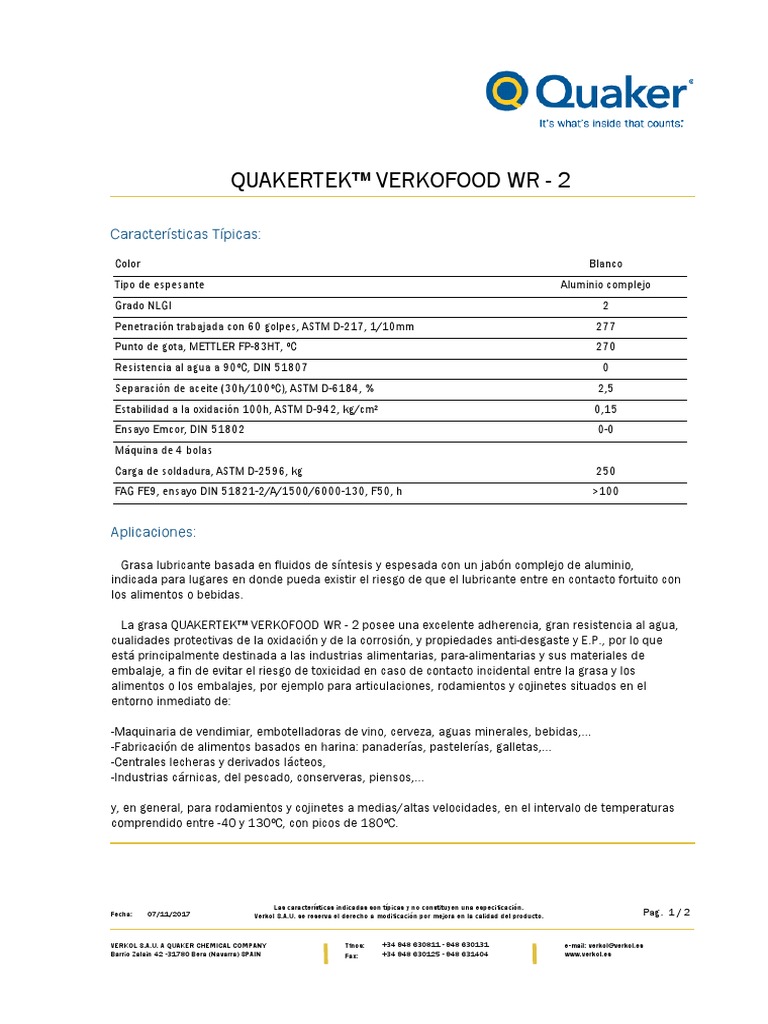 Quakertek™ Verkofood WR - 2: Características Típicas | PDF | Rodamiento (Mecánico) | Sustancias ...
