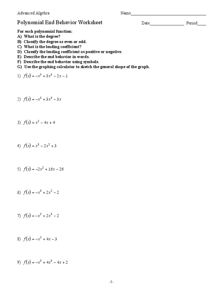 Polynomial End Behavior Worksheet | PDF