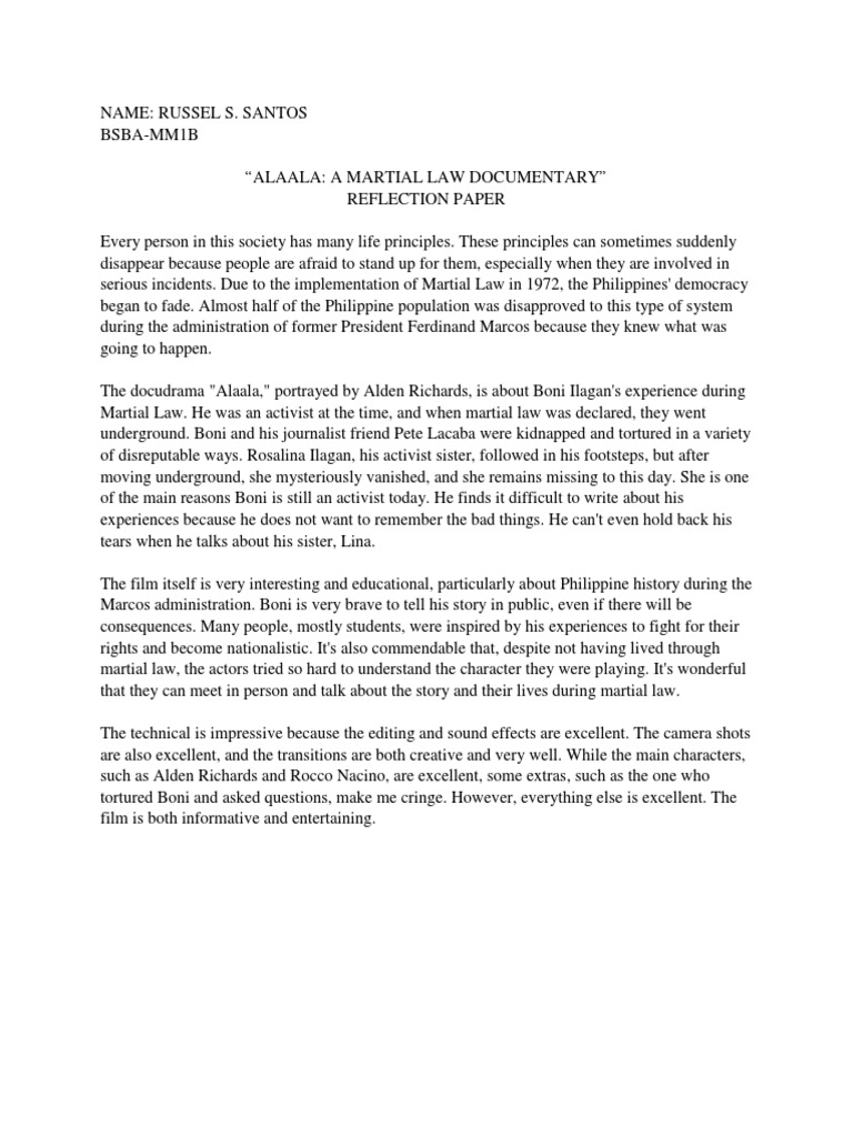 (Reflection Paper) ALAALA A MARTIAL LAW DOCUMENTARY | PDF