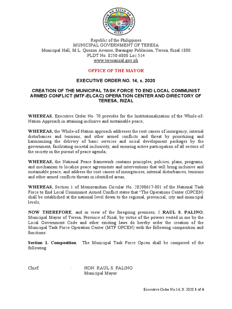 Teresa Rizal Task Force Executive Order | PDF | Peace | Government
