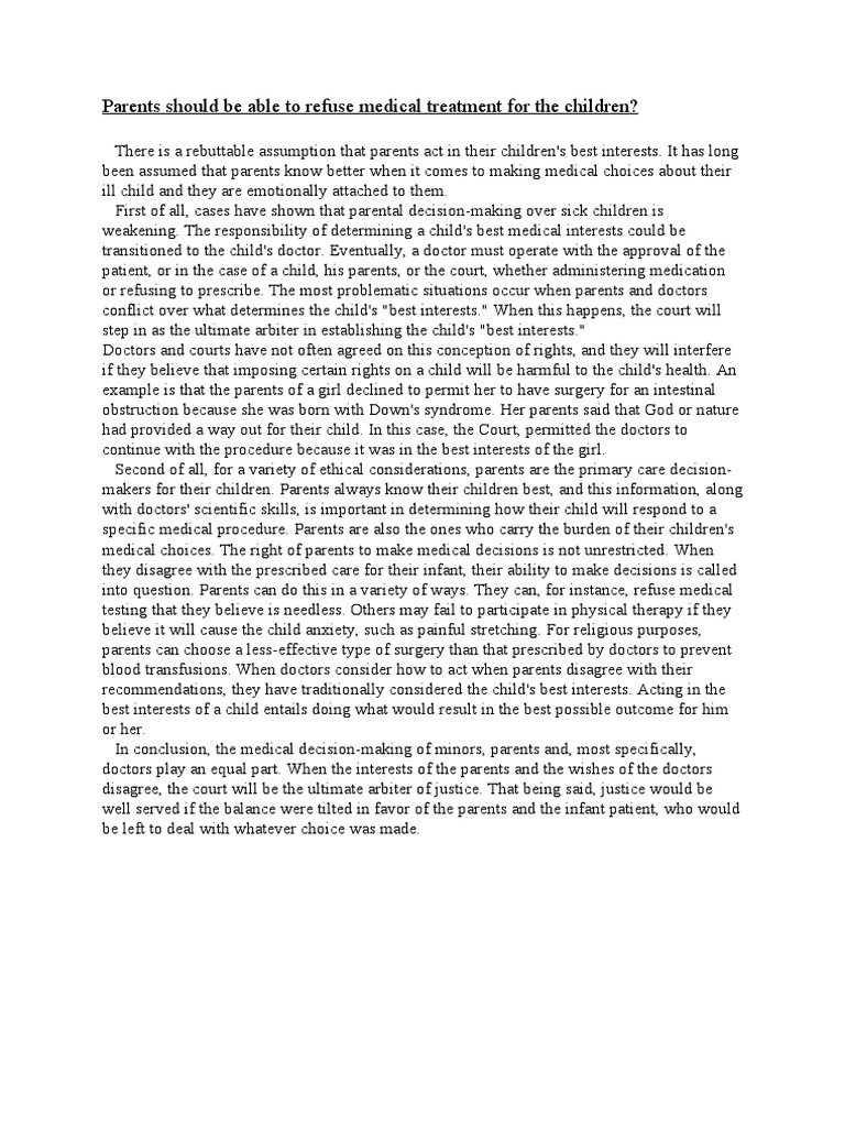 Debate topic-Parents should be able to refuse medical treatment for the ...