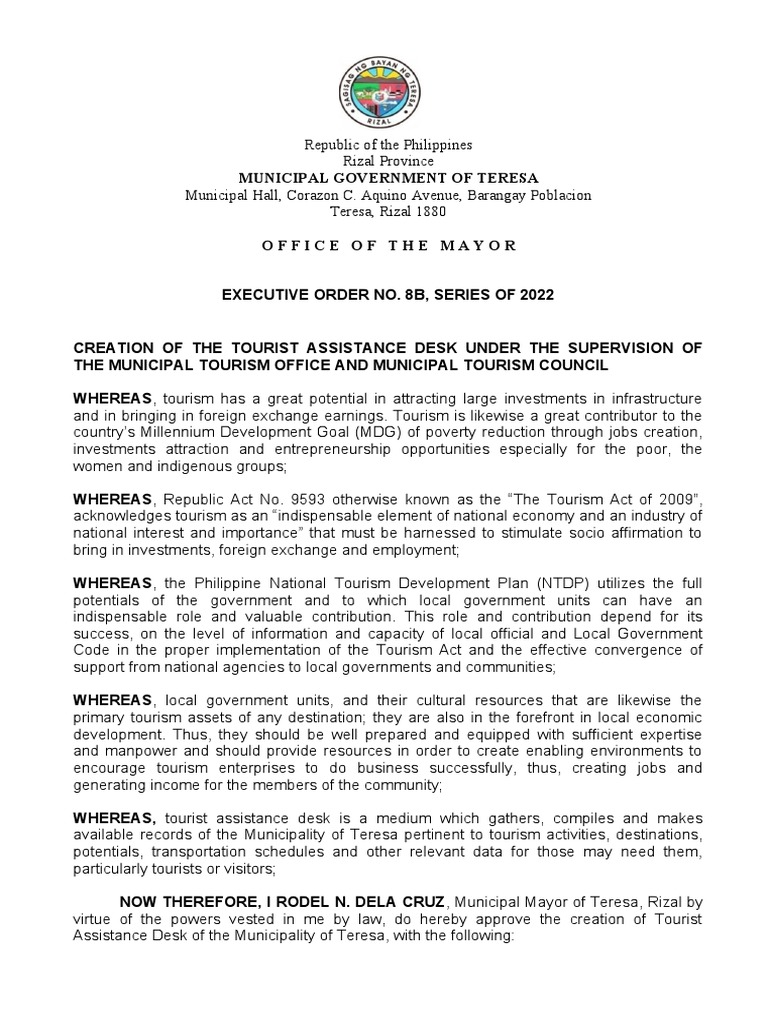 Eo No. 8b-Tourism Assistance Desk | PDF | Tourism | Poverty