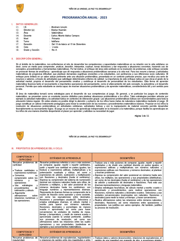 Prog - 5 Grado Prim Matemáticas | PDF | Evaluación | Plan de estudios