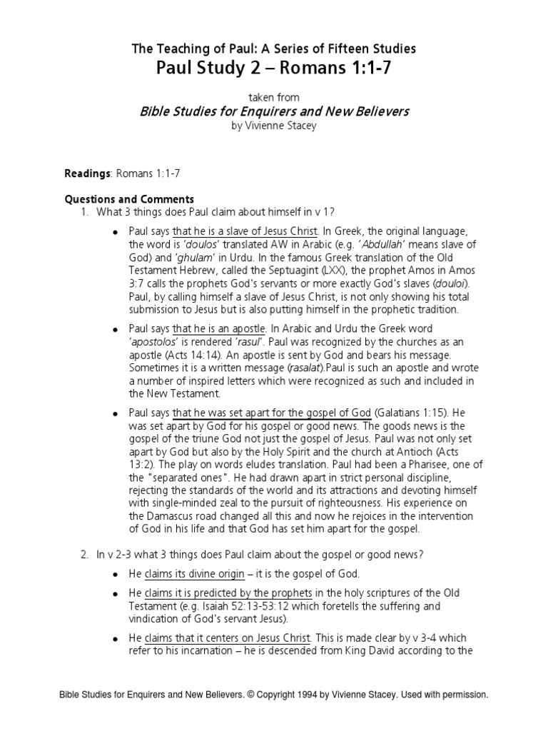 Paul Study 2 - Romans 1 1-7 | PDF | Paul The Apostle | The Gospel