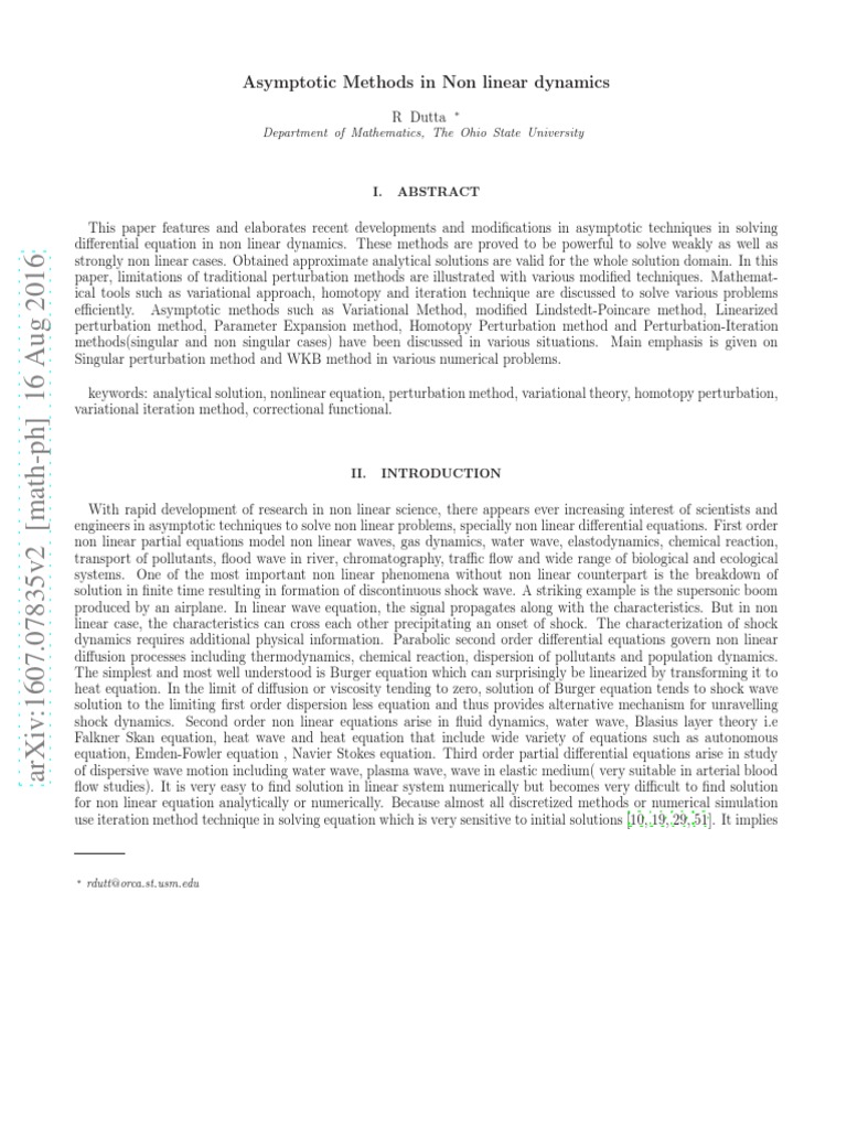 Asymptotic Methods in Non Linear Dynamics (R. Dutta) | PDF | Nonlinear System | Perturbation Theory