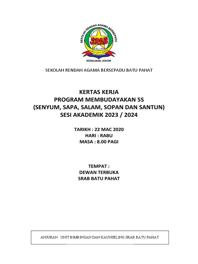 Kertas Kerja Amalan Budaya 5s Srab 2023 Pdf