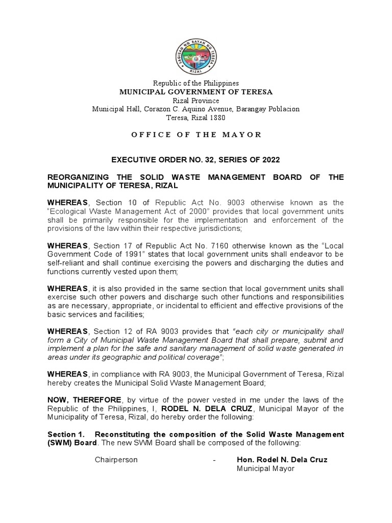 EXECUTIVE ORDER NO. 32 SERIES OF 2022-SWM Board | PDF | Waste ...