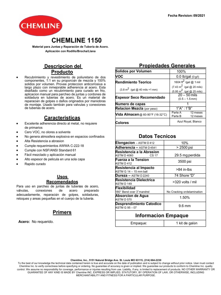 Chemline 1150: Recubrimiento para Tuberías | PDF | Revestimiento ...