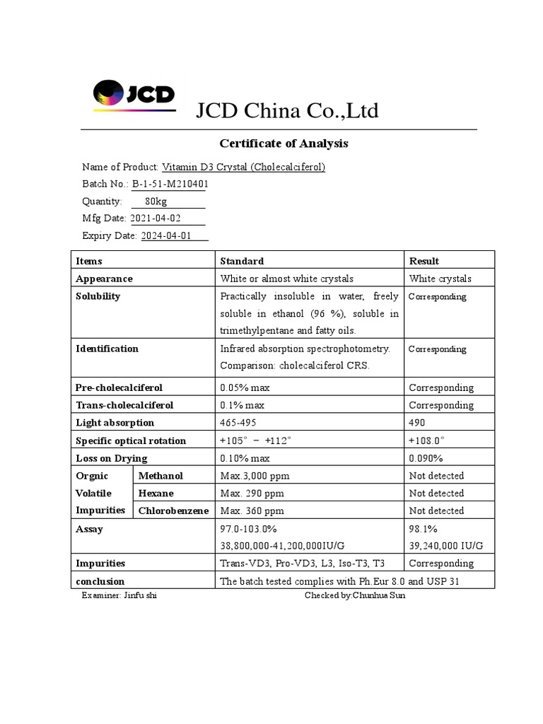 Coa (VD3 Crystal Pharma Grade) - 2 | PDF
