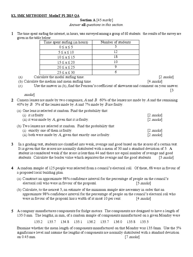 KL SMK METHODIST Maths T P1 2015 QA Section A | PDF | Statistical Theory | Statistics