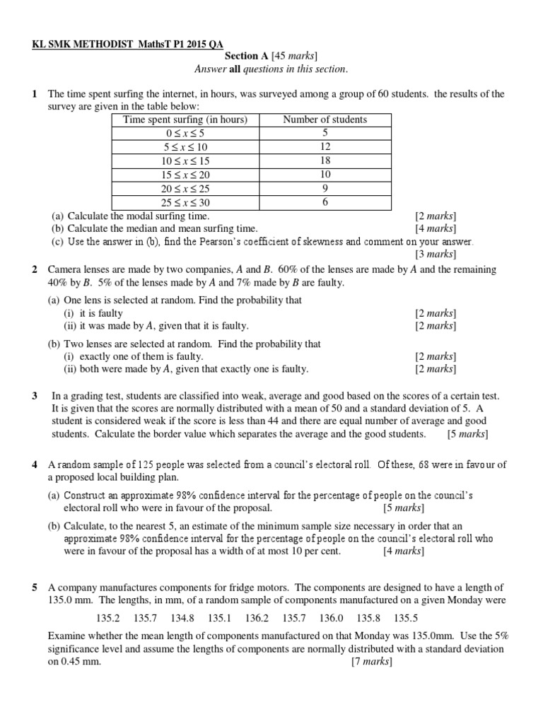 Answer All Questions in This Section.: KL SMK Methodist Mathst P1 2015 ...