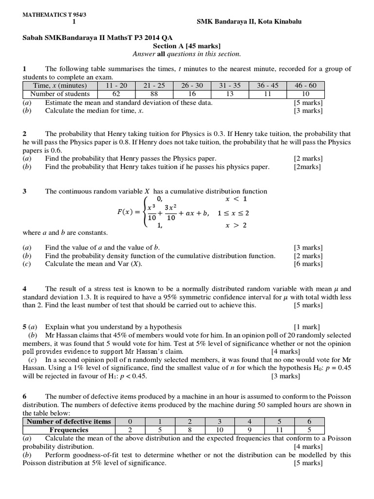 Sabah Smkbandaraya Ii Mathst P3 2014 Qa Section A (45 Marks) | PDF | Statistical Significance ...