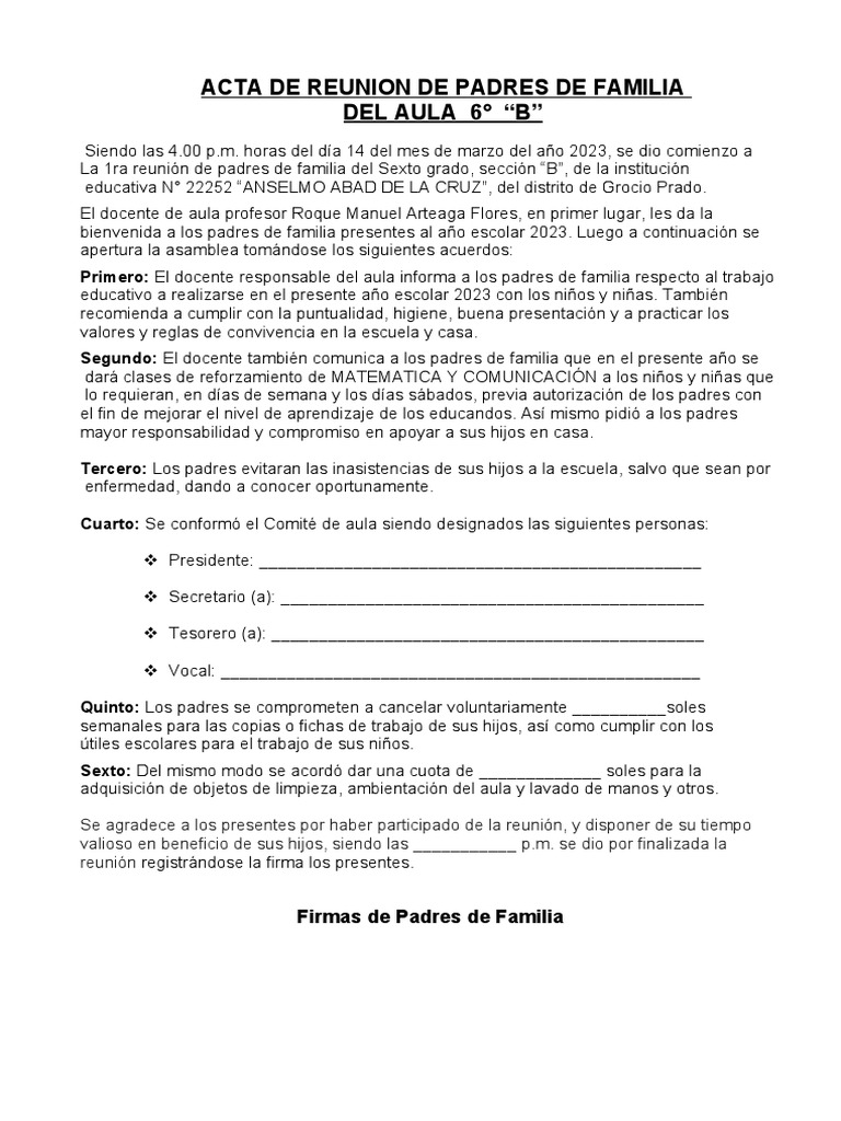 Acta de la primera reunión de padres de familia del sexto grado sección ...