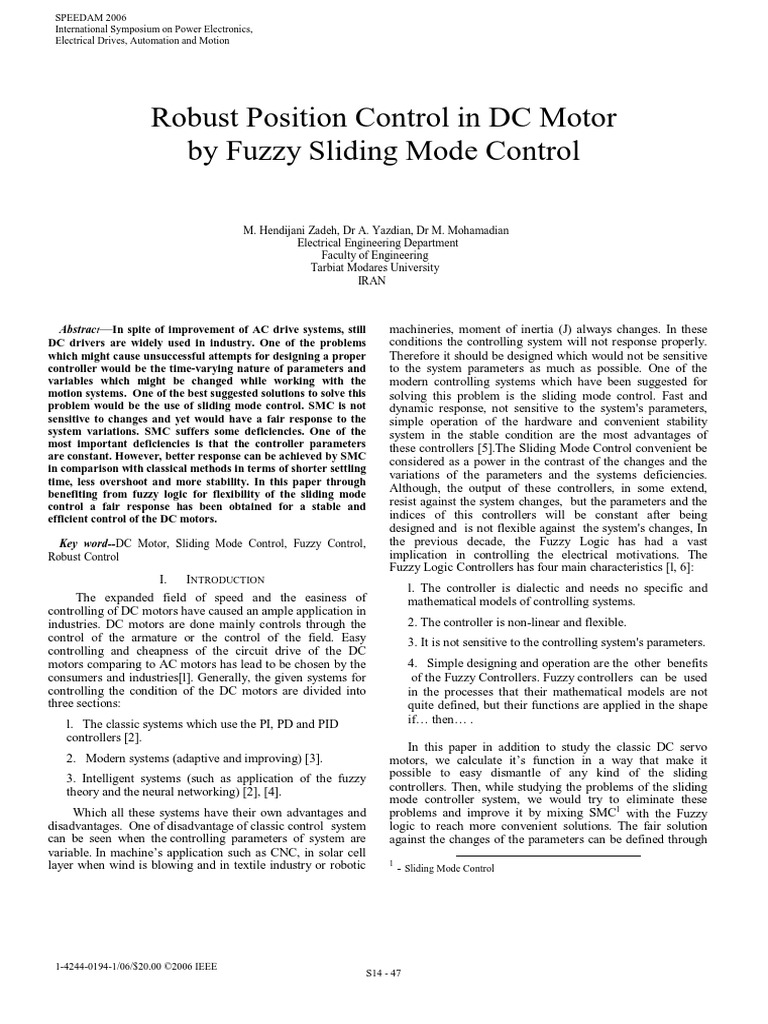 Robust Position Control In Dc Motor By Fuzzy Sliding Mode Control Pdf Control Theory
