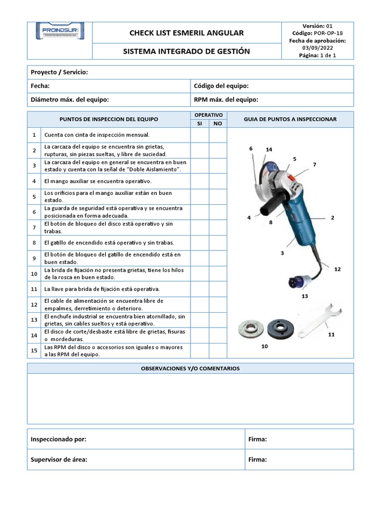 Checklist de Inspección Esmeril Angular | PDF | Bienes manufacturados